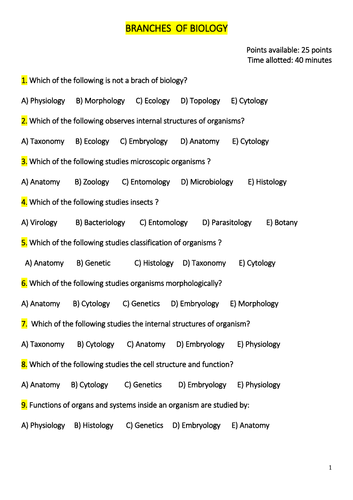 Quiz of Branches of biology | Teaching Resources