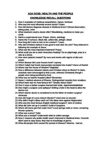 GCSE History Medicine Knowledge questions | Teaching Resources