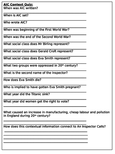 An Inspector Calls: Context Quiz | Teaching Resources An Inspector Calls: Context Quiz | Teaching Resources