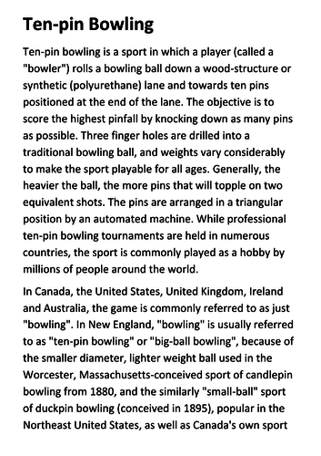 Ten-pin Bowling Handout | Teaching Resources