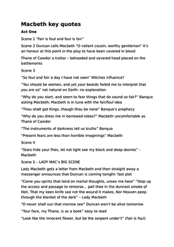 Macbeth revision crib sheet and quotes | Teaching Resources