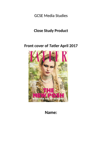 Close Study Product Front cover of Tatler April 2017 GCSE Media Studies ...