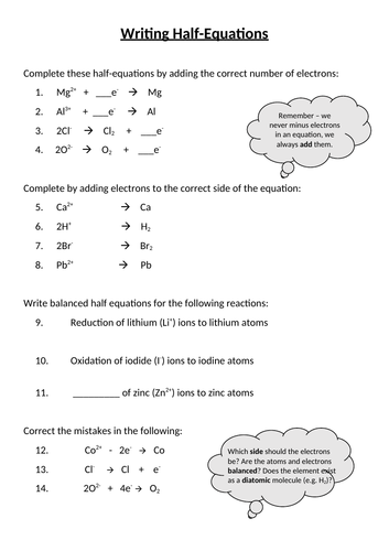 Electrolysis Half Equations Worksheet (2 versions) | Teaching Resources