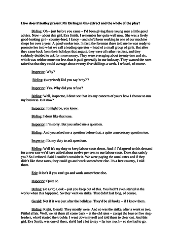 An Inspector Calls Extract Questions | Teaching Resources