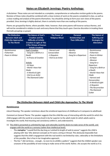 Notes on AS Elizabeth Jennings Selection (Poems 1-16) | Teaching Resources