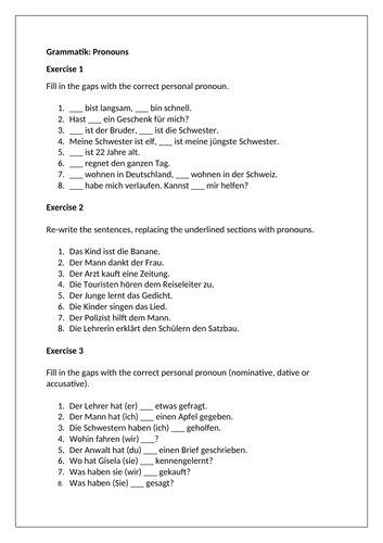 Pronouns (Accusative, Dative and Nominative) | Teaching Resources Pronouns (Accusative, Dative and Nominative) | Teaching Resources
