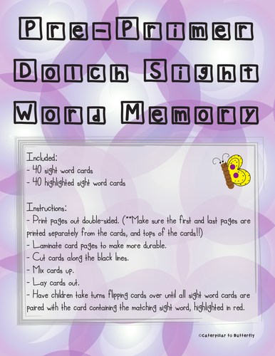 Pre-Primer Sight Word Memory: Highlighted Word Version | Teaching Resources Pre-Primer Sight Word Memory: Highlighted Word Version | Teaching Resources