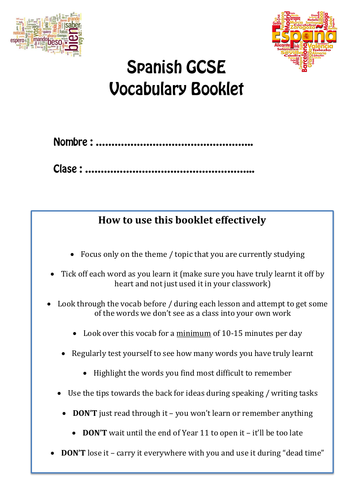 GCSE Spanish AQA vocabulary booklet | Teaching Resources GCSE Spanish AQA vocabulary booklet | Teaching Resources