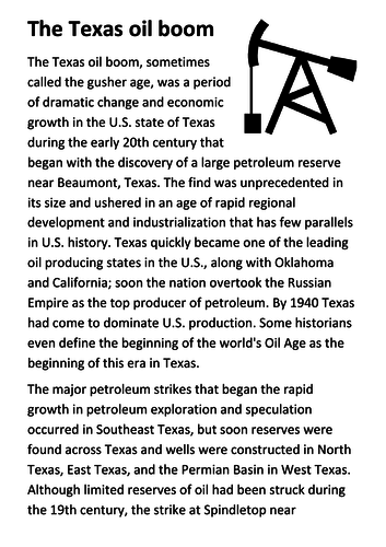 The Texas oil boom Handout | Teaching Resources
