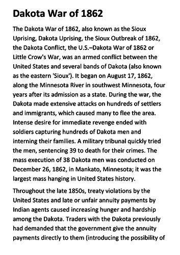 Dakota War of 1862 Handout | Teaching Resources