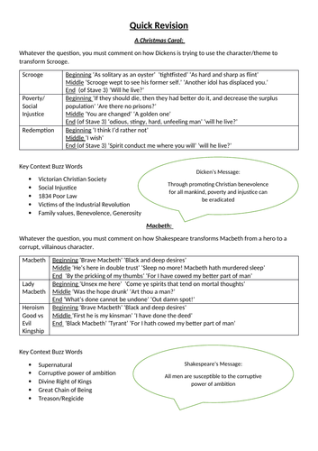 AQA Literature Paper One Quick Revision Sheet | Teaching Resources