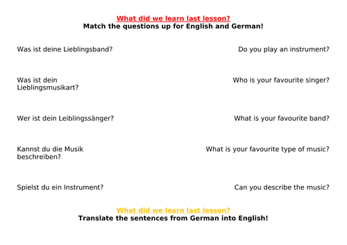 Musik Questions Starter WS Task | Teaching Resources