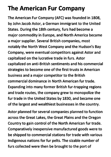 The American Fur Company Handout | Teaching Resources