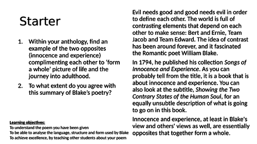 Songs of Innocence and Experience - Group work | Teaching Resources