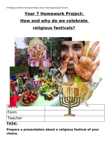 Religious Festivals Homework Project | Teaching Resources