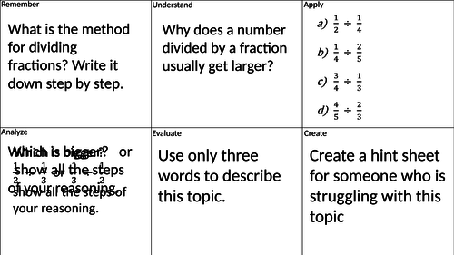 Dividing fractions Blooms task | Teaching Resources