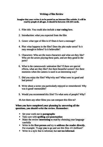Eaay to use Film Review overview plus exemplar example | Teaching Resources