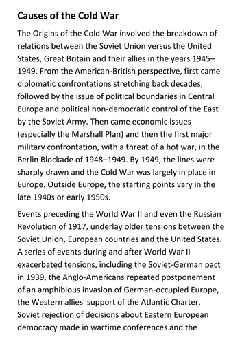 Causes of the Cold War Handout | Teaching Resources