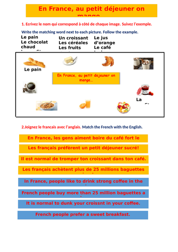 Le Petit Déjeuner - Intro lesson, Year 8, Homework Sheet included ...