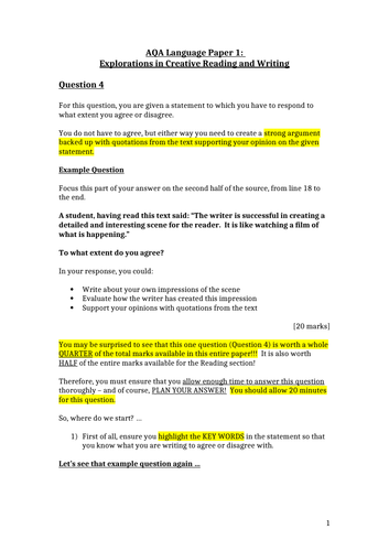 AQA Language Paper 1 Question 4 Reading Advice | Teaching Resources