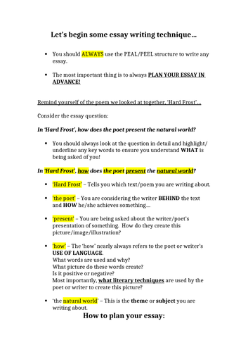 Essay Question on 'Hard Frost' Unseen Poetry & PEAL Paragraph Process ...