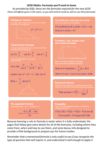 AQA GCSE (9-1) Foundation/Higher Maths Equations to learn | Teaching ...