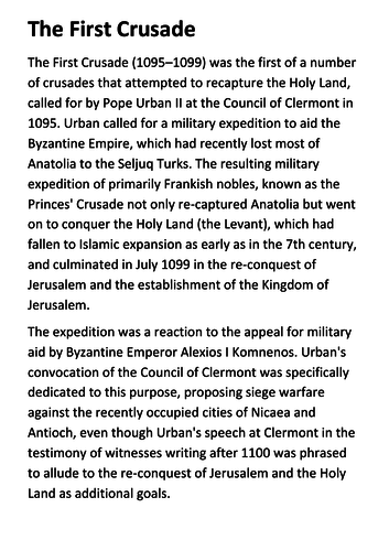 The First Crusade Handout | Teaching Resources