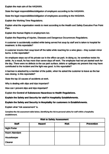 WJEC L1/L2 Hospitality & Catering Safety at work revision questions ...