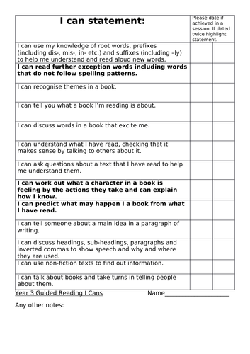Reading Statements Checklist - Year 3 | Teaching Resources