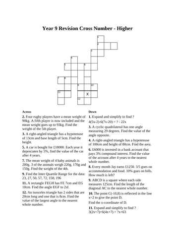 Year 9 Maths Cross Number | Teaching Resources