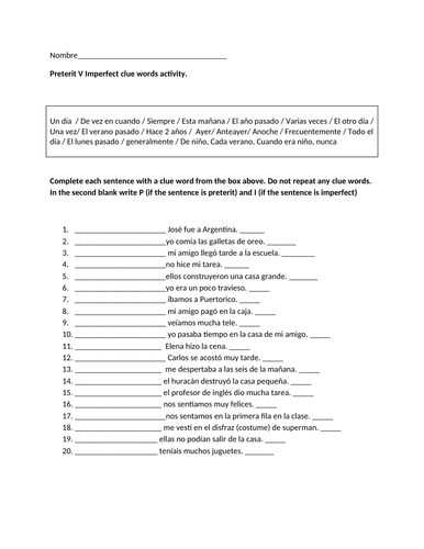 preterite imperfect clue words activity | Teaching Resources