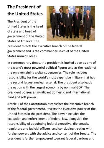 The President of the United States Handout | Teaching Resources