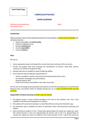 Complete Home Learning Policy - Ready for you to edit to suit your ...
