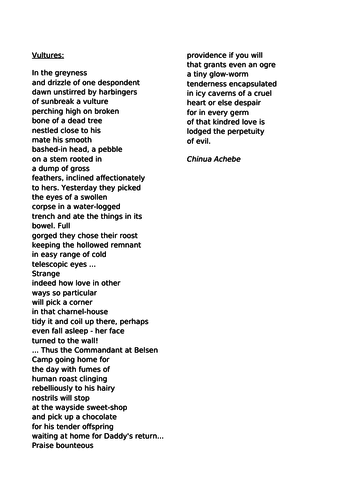 vultures - chinua achebe | Teaching Resources