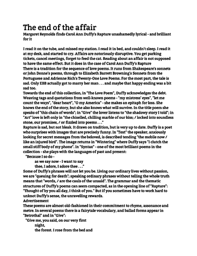Rapture by Carol Ann Duffy A Level OCR Lang/Lit SOW | Teaching Resources