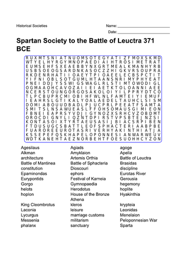 Word Search - Spartan Society to the Battle of Leuctra | Teaching Resources