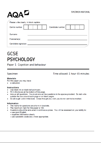 GCSE 9-1 AQA Psychology Exam paper & mark scheme | Teaching Resources