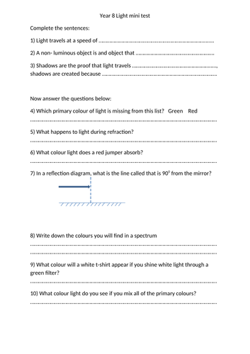 KS3 mini light test | Teaching Resources