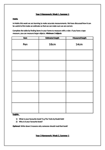 Year 3 homework for 6 weeks English and Maths | Teaching Resources