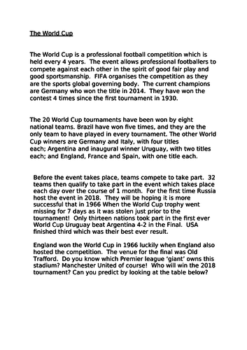 World Cup 2018 Comprehension Task Year 1+ | Teaching Resources