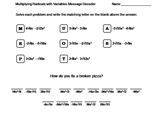 Multiplying Radicals with Variables Worksheet: Math Message Decoder ...