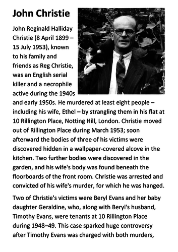 John Christie - 10 Rillington Place Murderer Handout | Teaching Resources