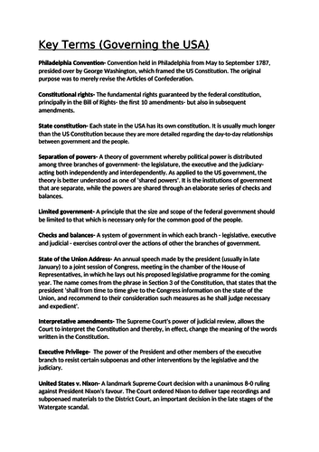 Key Terms - Government & Politics of the USA | Teaching Resources