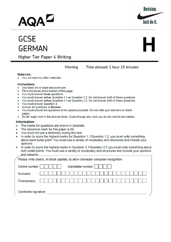 AQA GCSE GERMAN writing exam style papers. Including some teacher tips. | Teaching Resources