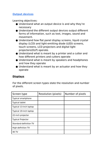 IGCSE output devices worksheet | Teaching Resources IGCSE output devices worksheet | Teaching Resources