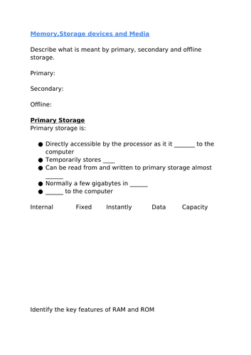 Igcse Computer Science Memory Storage And Media Worksheet Teaching