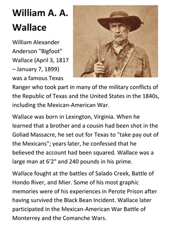 William A. A. Wallace - Texas Ranger Handout | Teaching Resources