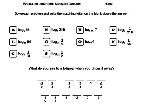 Evaluating Logarithms Worksheet: Math Message Decoder | Teaching Resources Evaluating Logarithms Worksheet: Math Message Decoder | Teaching Resources
