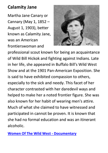 Calamity Jane Handout | Teaching Resources