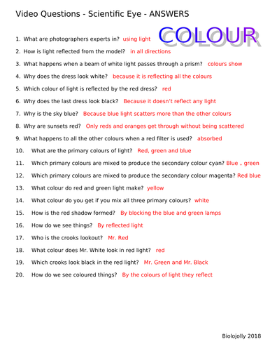 Colour - Scientific Eye - Questions to accompany video | Teaching Resources Colour - Scientific Eye - Questions to accompany video | Teaching Resources